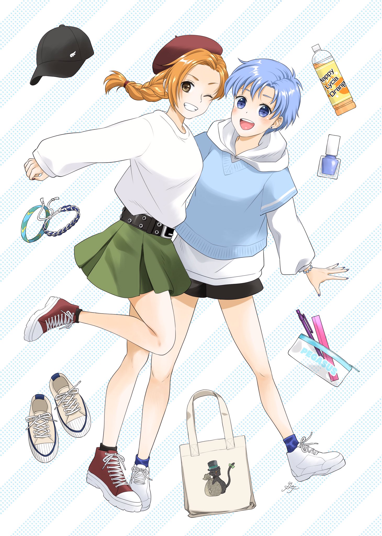 Safebooru - 2girls ;d baseball cap belt beret black skirt blue eyes blue hair braid brown eyes ...