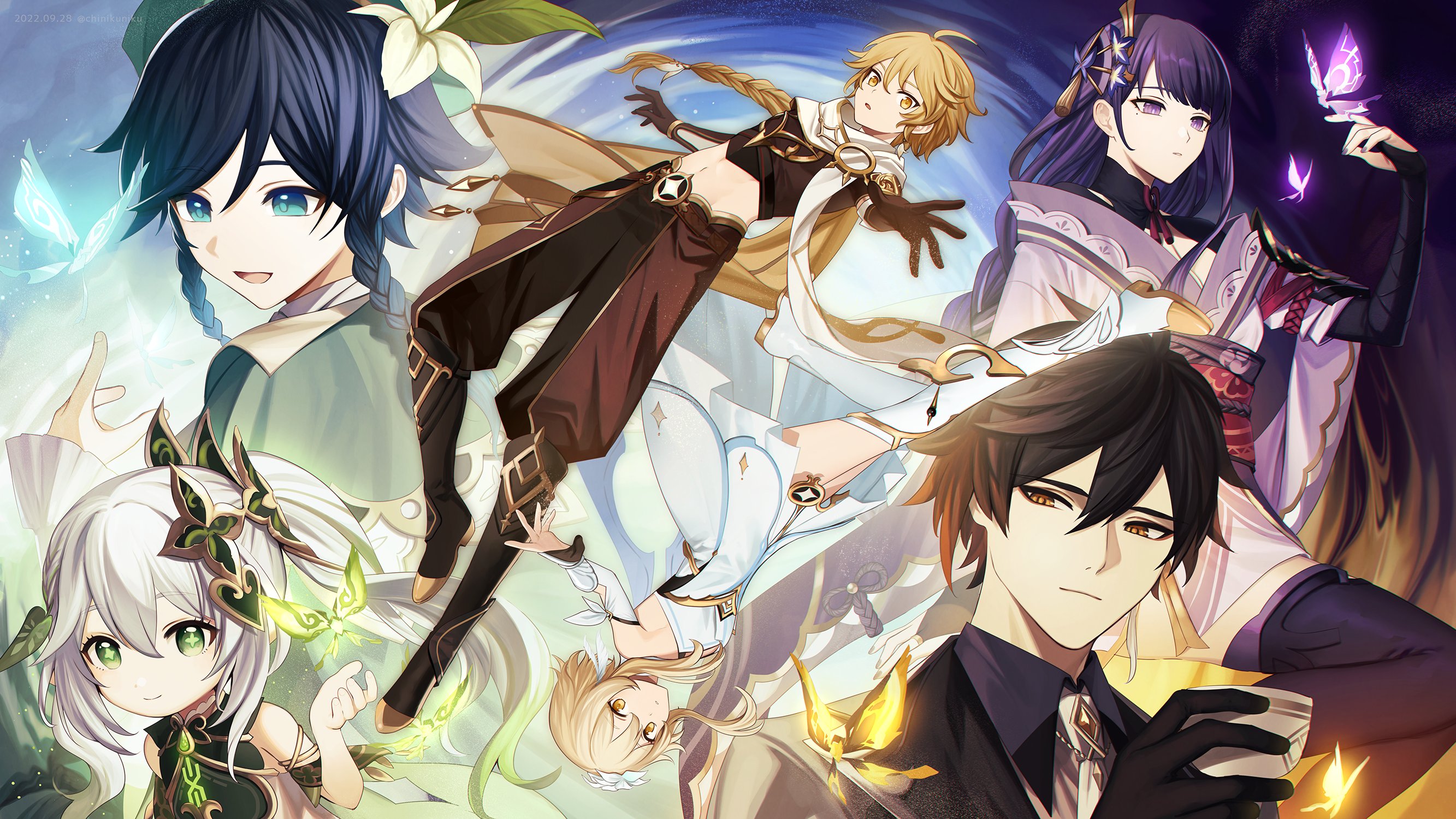 Safebooru - 3boys 3girls aether (genshin impact) ahoge arm up armpits ...