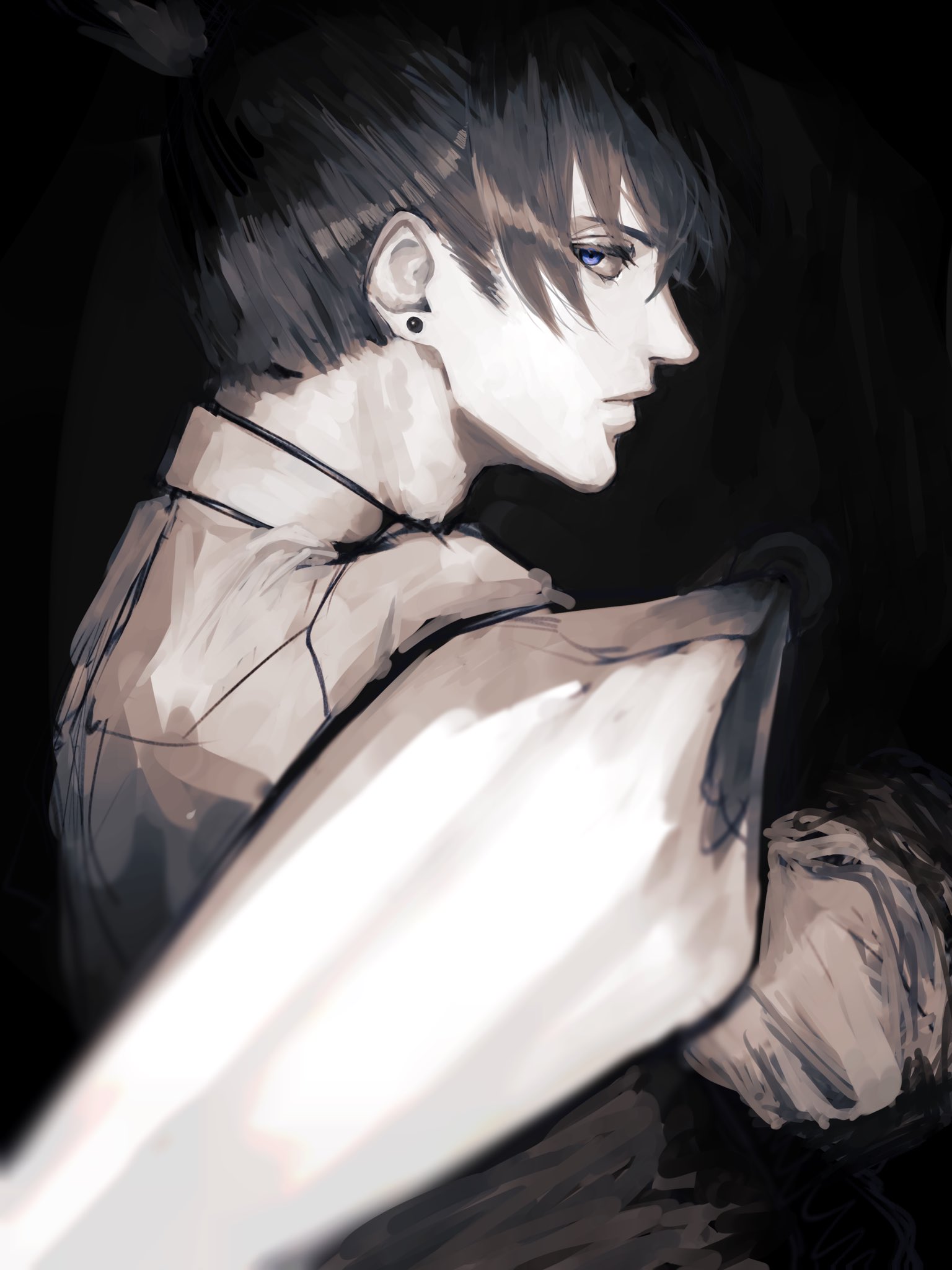 Safebooru - 1boy bangs black background black hair blue eyes bonjindaaa chainsaw man collared ...