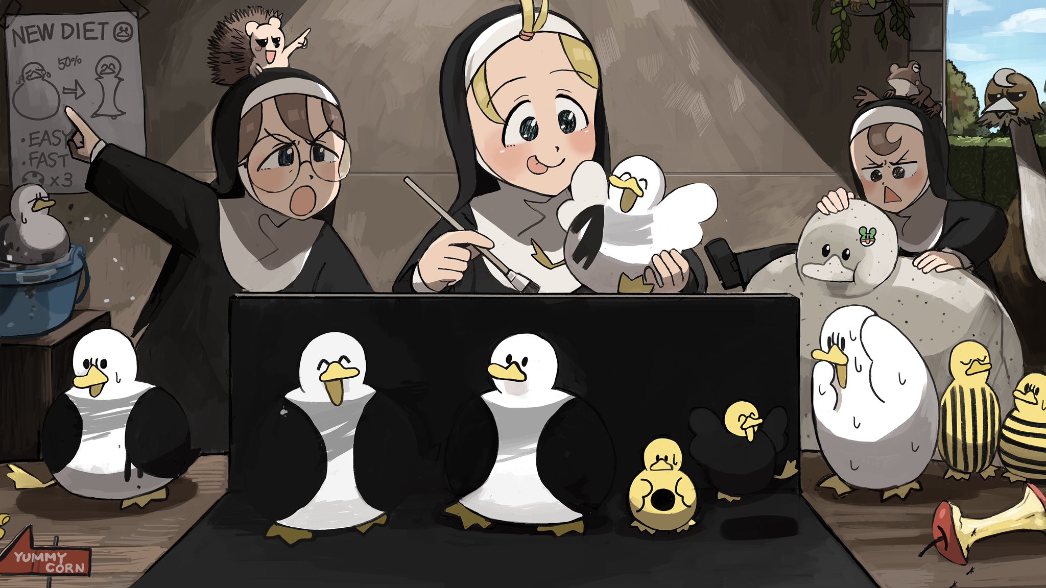 Safebooru - 3girls :o :p animal on head ant apple apple core basin bird ...