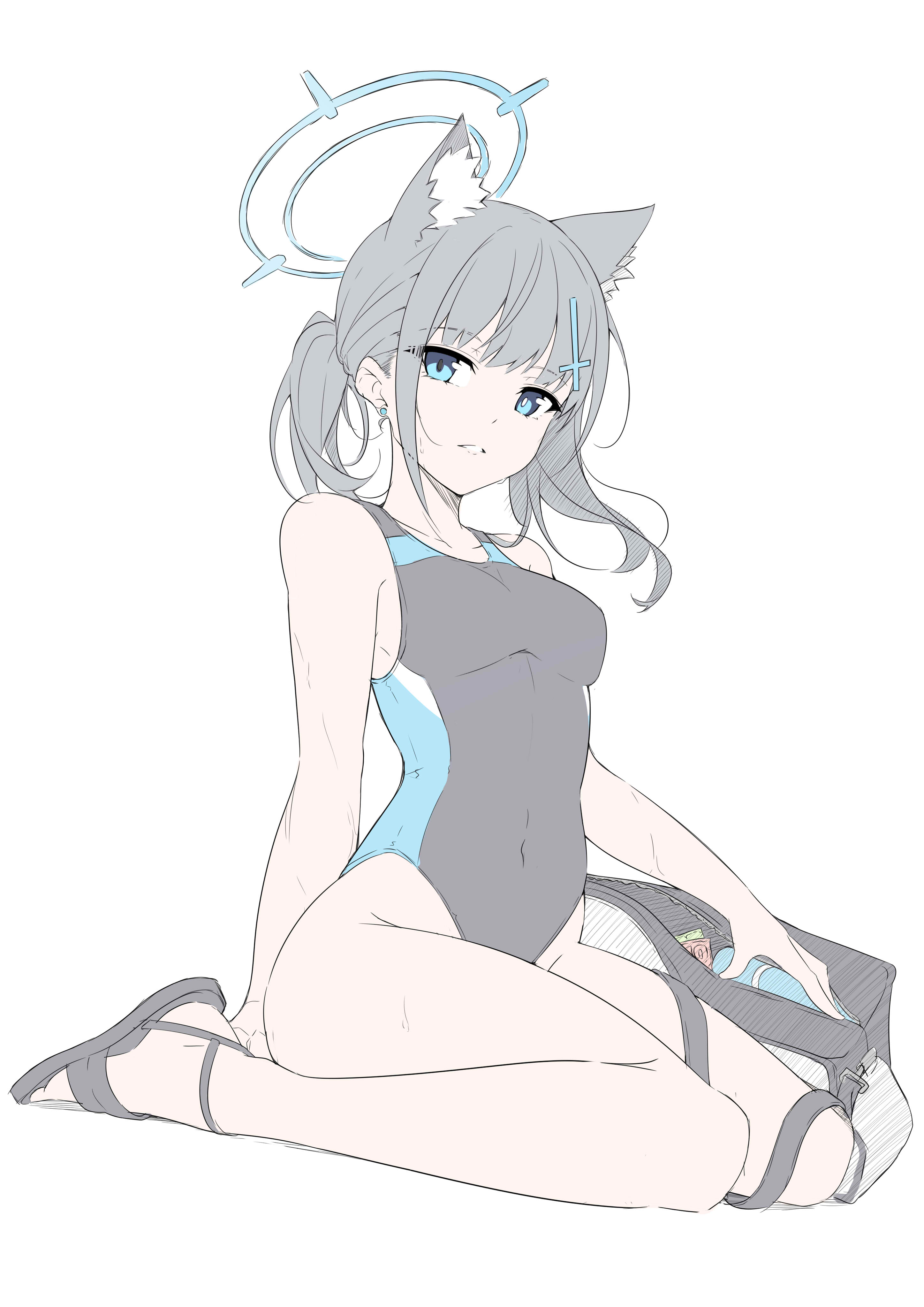 Safebooru - absurdres animal ear fluff animal ears black one-piece swimsuit blue archive blue ...