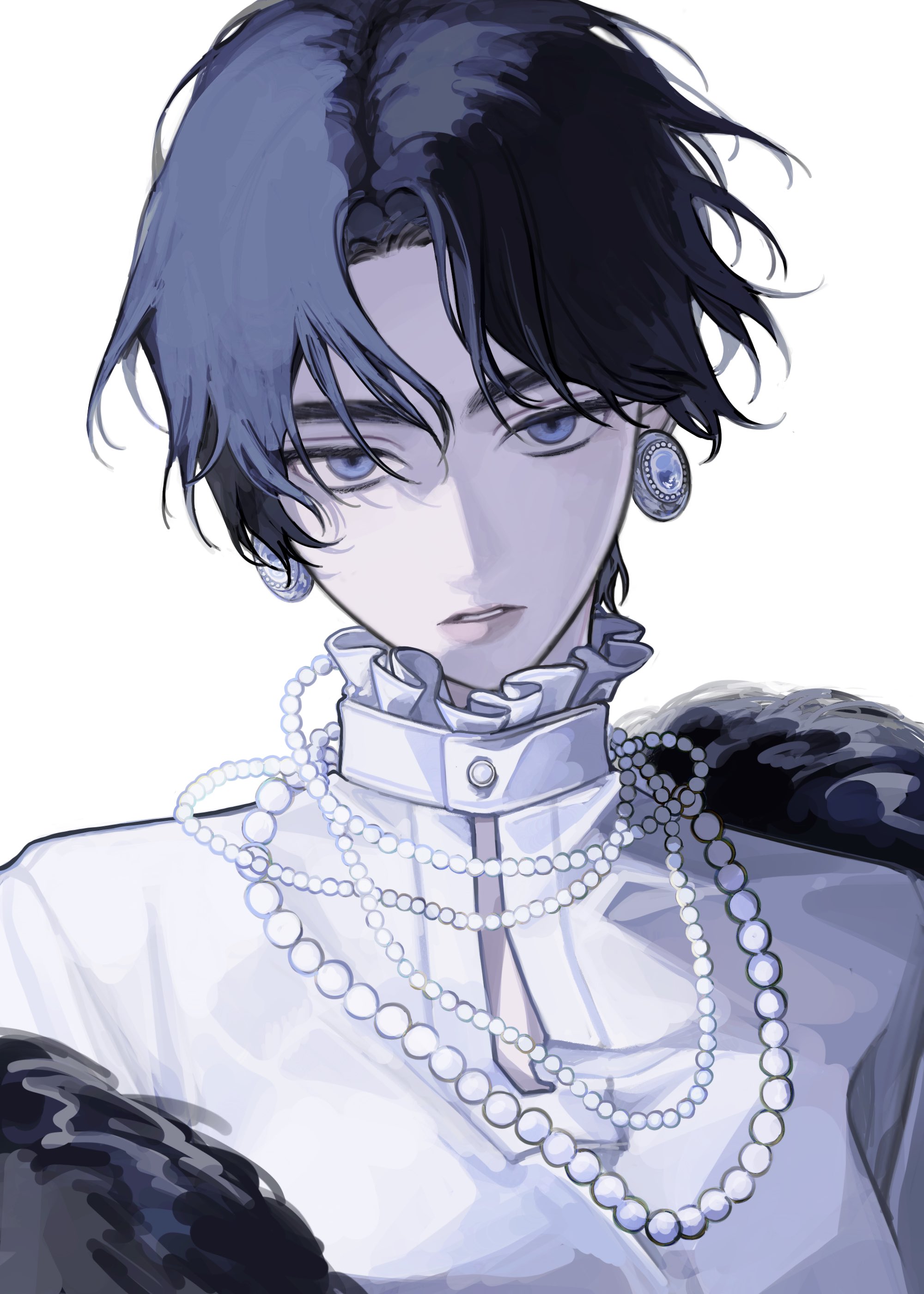 Safebooru - 1boy absurdres bead necklace beads black hair blue eyes commentary earrings english ...