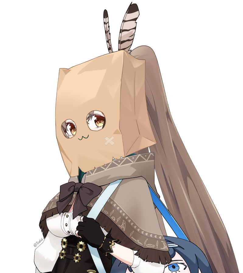 Safebooru - 1girl :3 ahoge bag bag over head bangs brown capelet brown cloak brown corset brown ...