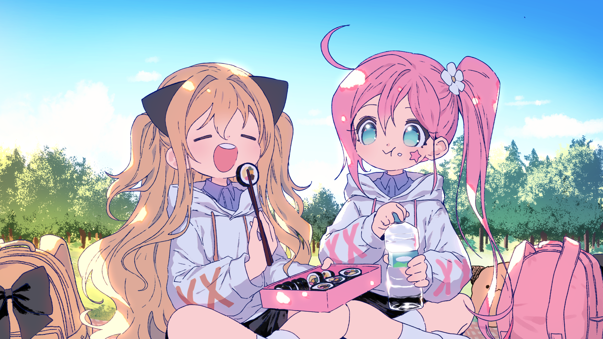 Safebooru - 2girls :t backpack bag bento black skirt blonde hair blue eyes blue shirt blue sky ...