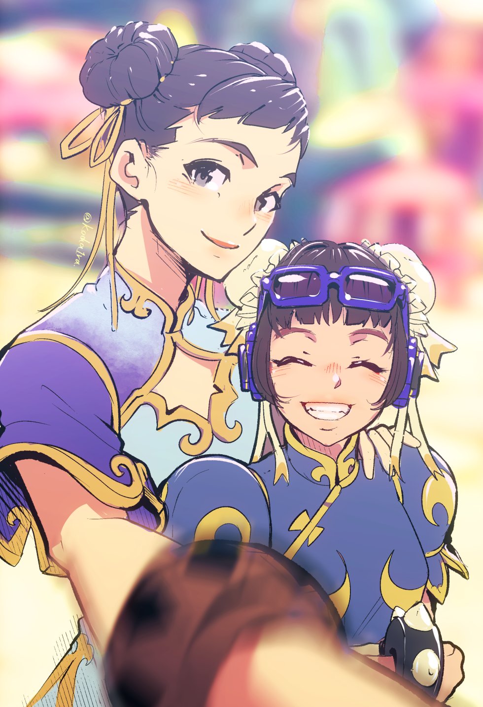 Safebooru - 2girls bangs blue dress blurry blurry background bracelet brown hair bun cover china ...