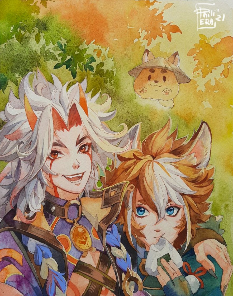 Safebooru - 2021 2boys animal ears arataki itto artist name black nails blue eyes brown eyes ...