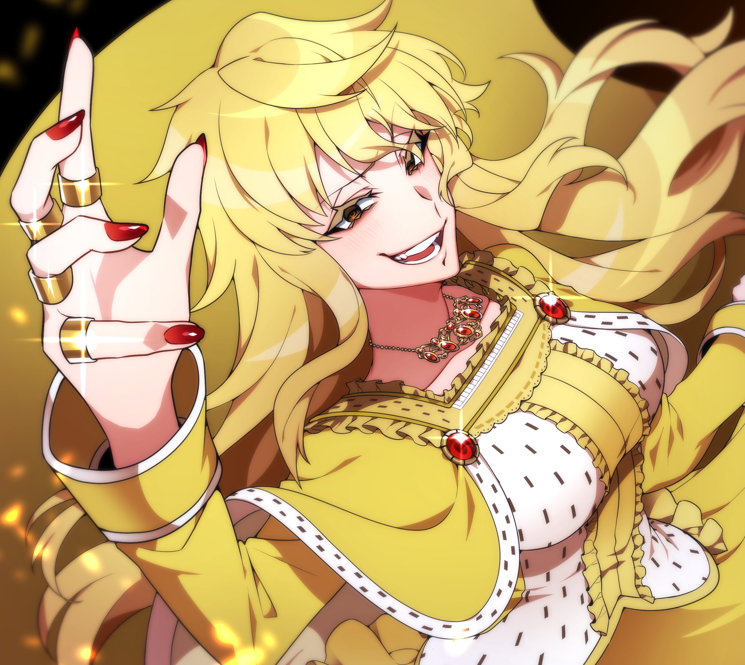 Safebooru - 1girl ahoge blonde hair breasts brown eyes cape colored eyelashes commission cowlick ...