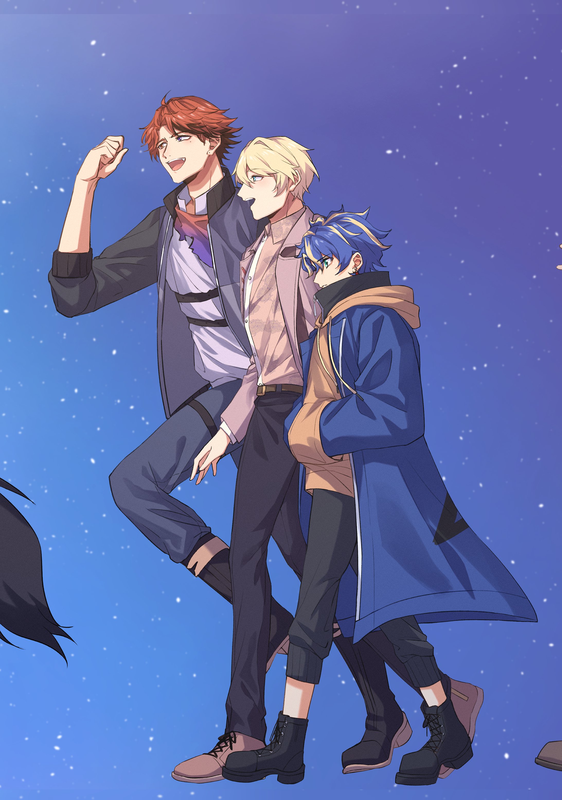 Safebooru - 3boys :d absurdres ahoge akaie11 alternate costume ankle boots aqua eyes astel leda ...