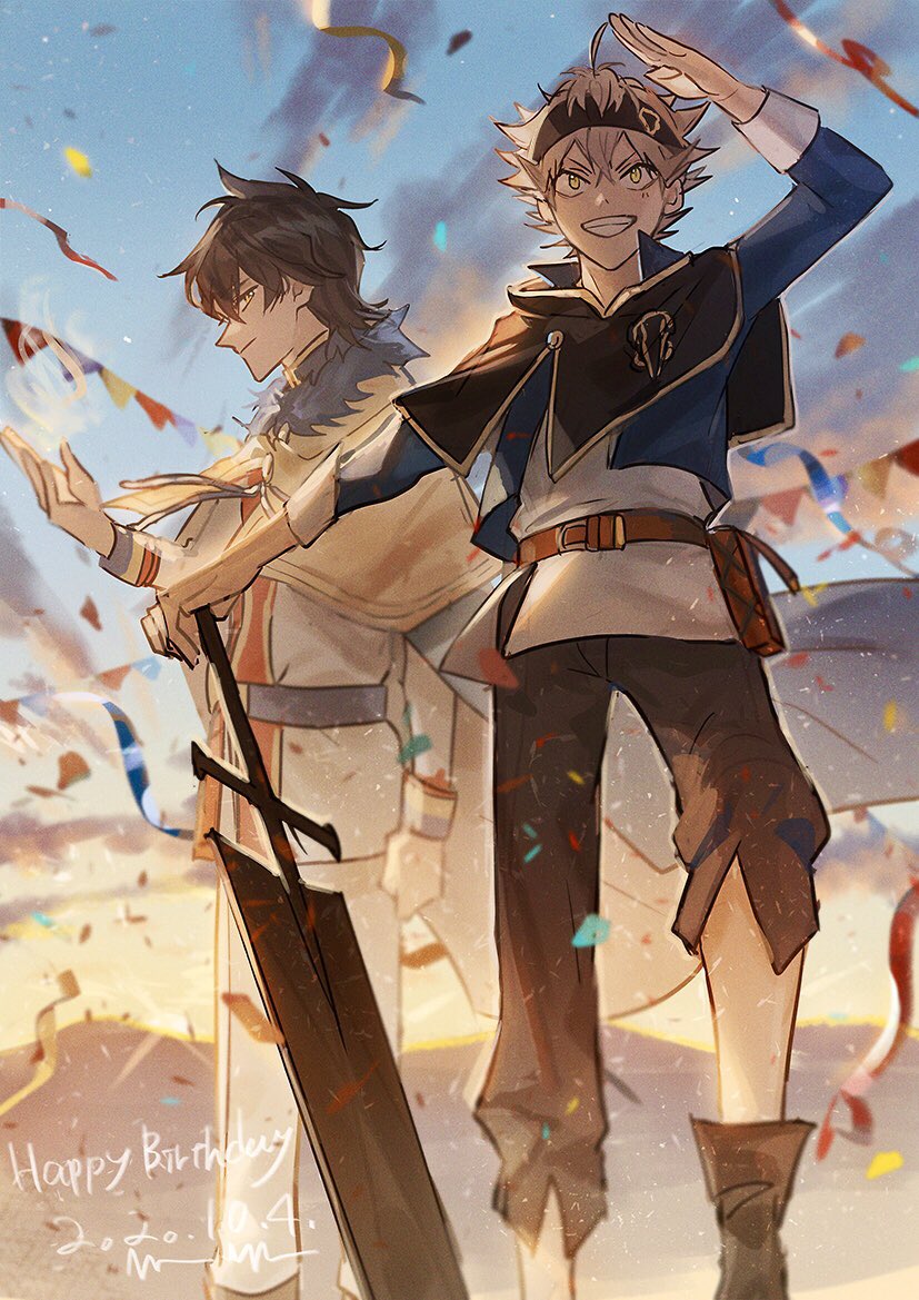 Safebooru - 2boys asta (black clover) black clover black hair blue sky confetti green eyes grey ...