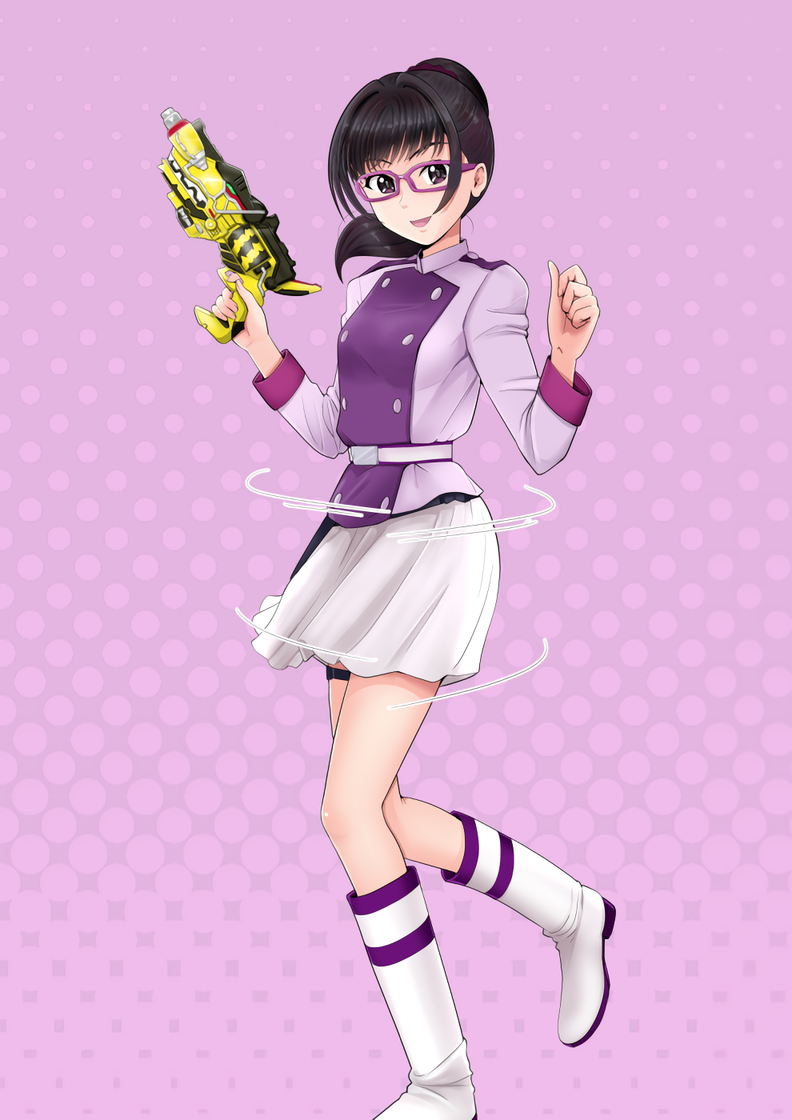 Safebooru - 1girl alluring blaster (weapon) brown hair explosive (artist) glasses holding ...