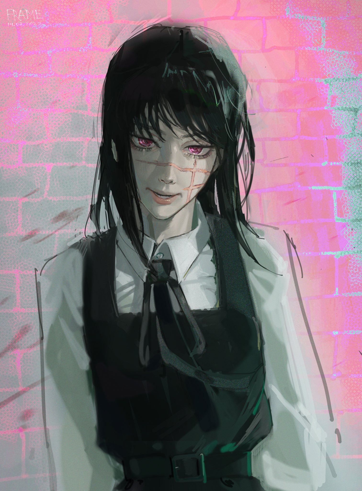 Safebooru - 1girl black hair brick wall chainsaw man collared shirt dress frame tbl lox highres ...