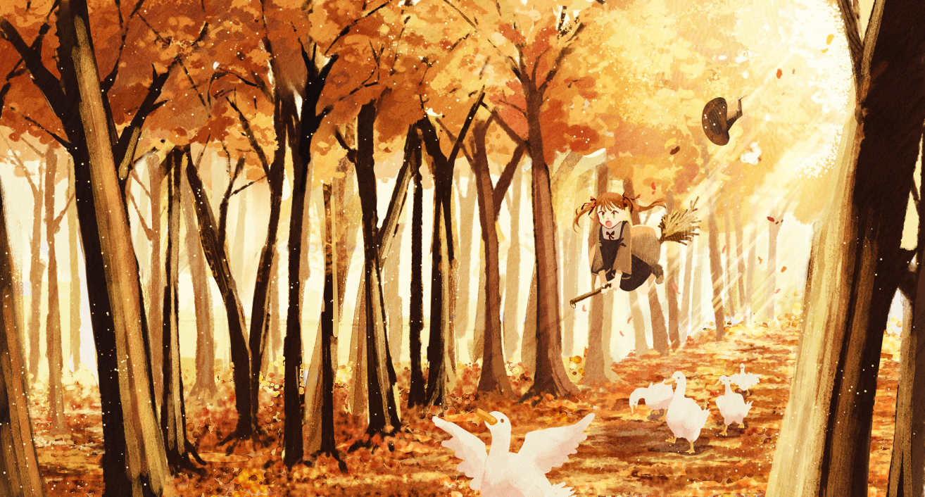 Safebooru - 1girl :o autumn autumn leaves bangs bird black dress broom broom riding brown hair ...