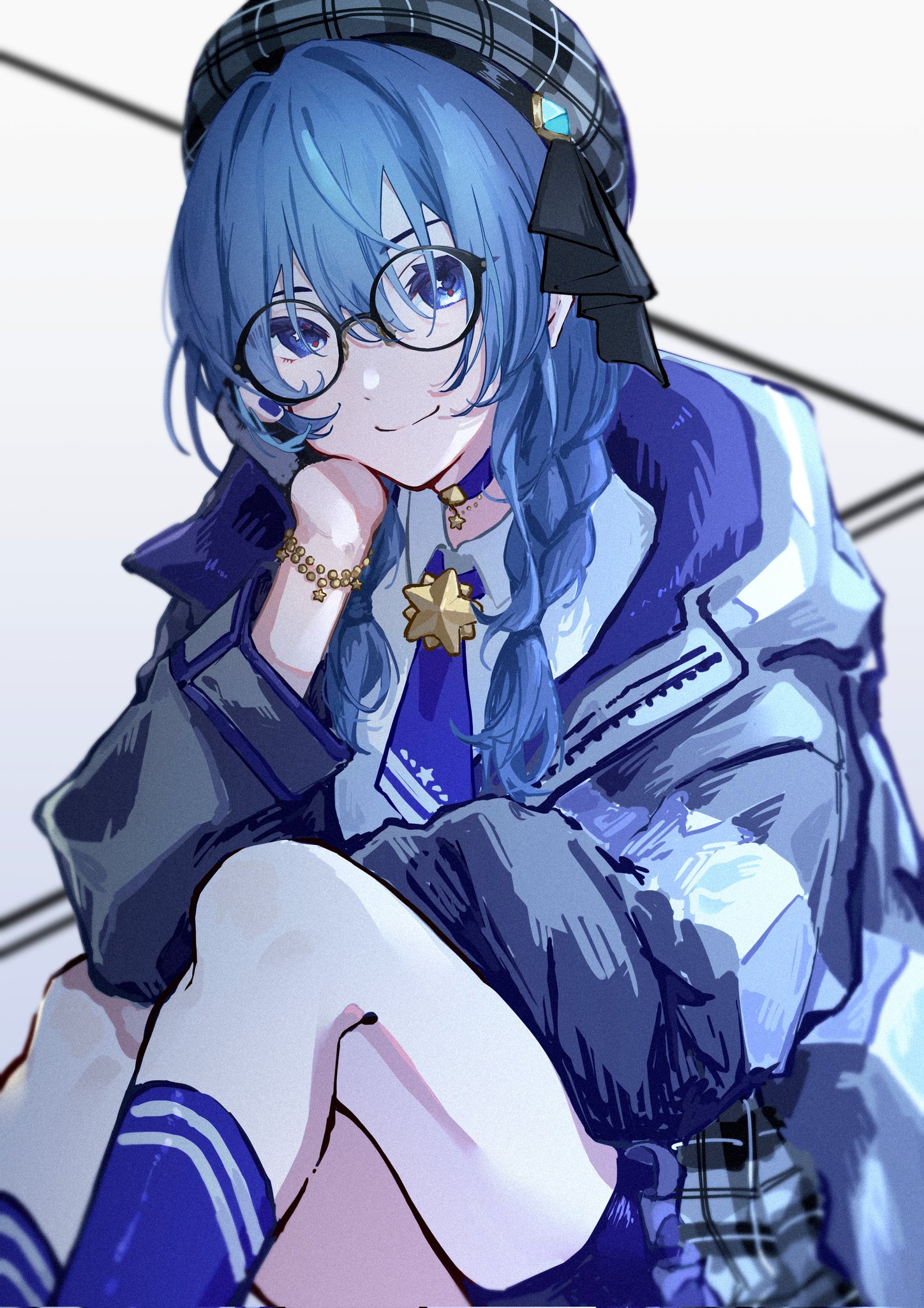 Safebooru - 1girl ascot beret black-framed eyewear blue eyes blue hair blue nails bracelet braid ...