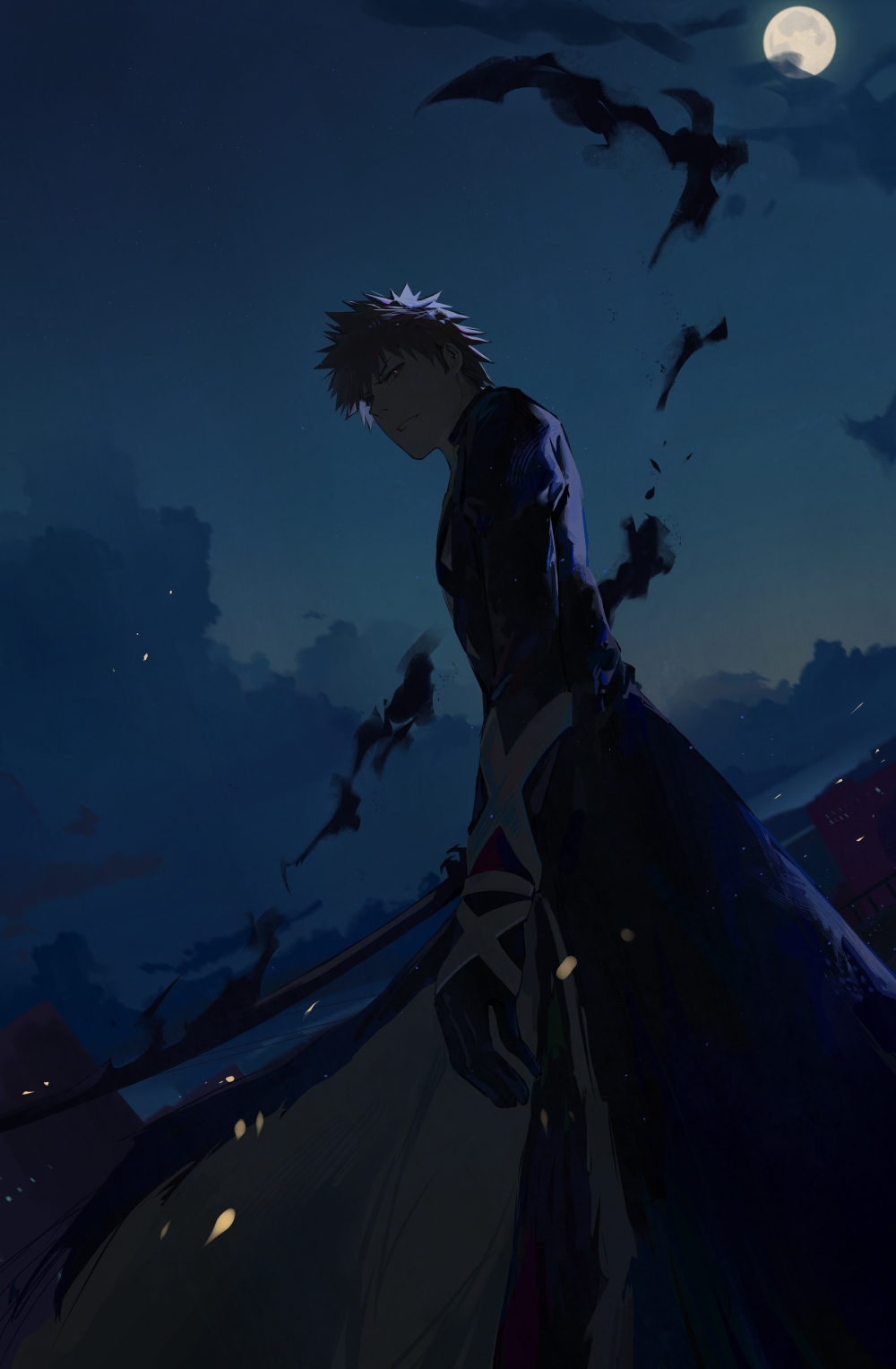 Safebooru - 1boy bleach clouds cloudy sky dutch angle full moon highres kurosaki ichigo long ...