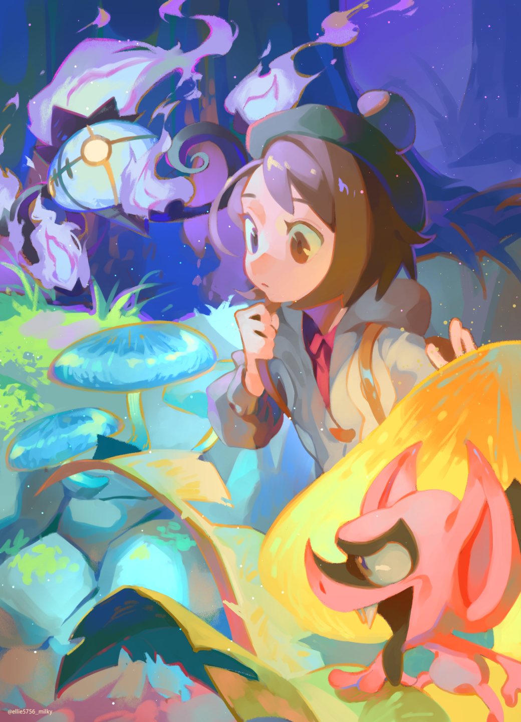 Safebooru - 1girl backpack bag bob cut brown bag brown eyes brown hair cardigan chandelure ...