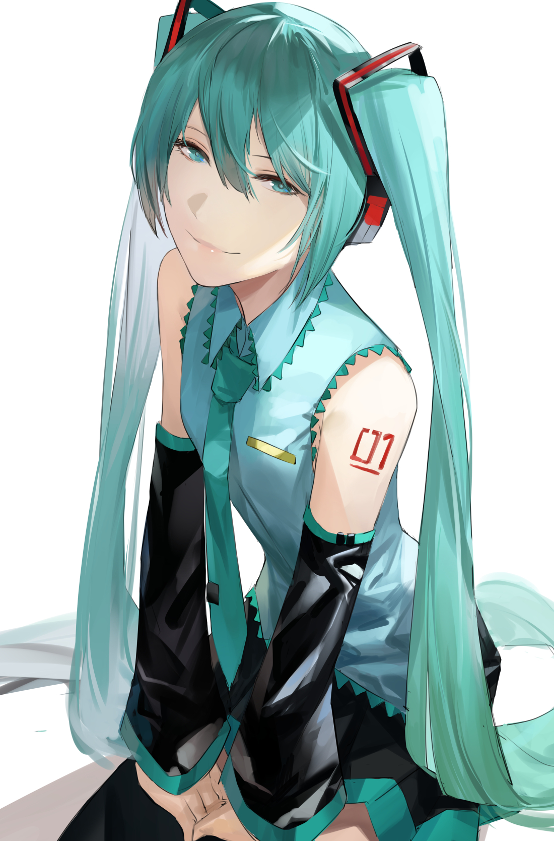 Safebooru - 1girl aqua eyes aqua hair black skirt black sleeves blazpu blue necktie collared ...