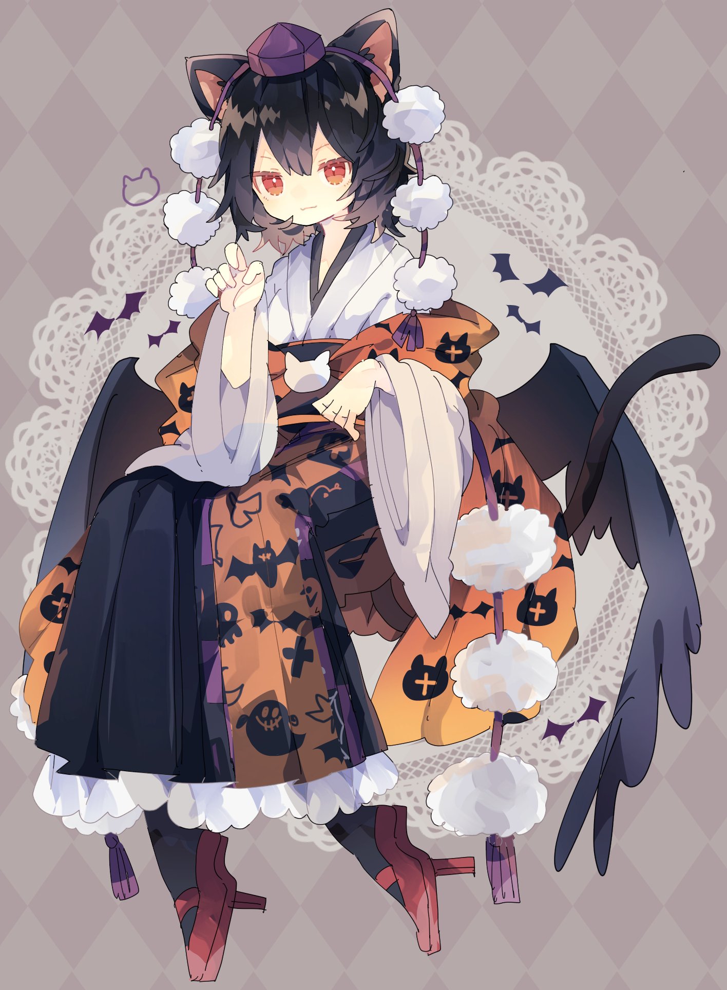 Safebooru - 1girl animal ears argyle argyle background bird wings black hair black hakama black ...