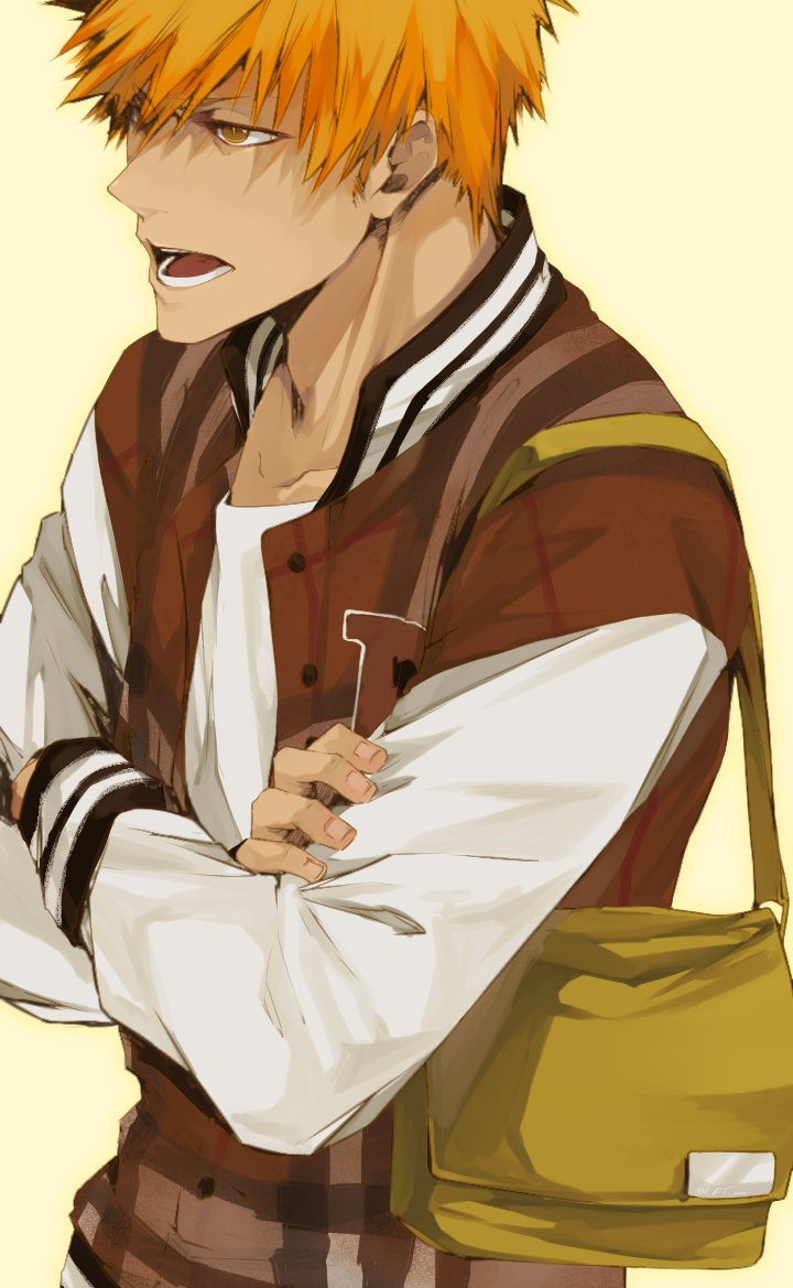 Safebooru - 1boy bag bleach crossed arms furrowed brow jacket kurosaki ...