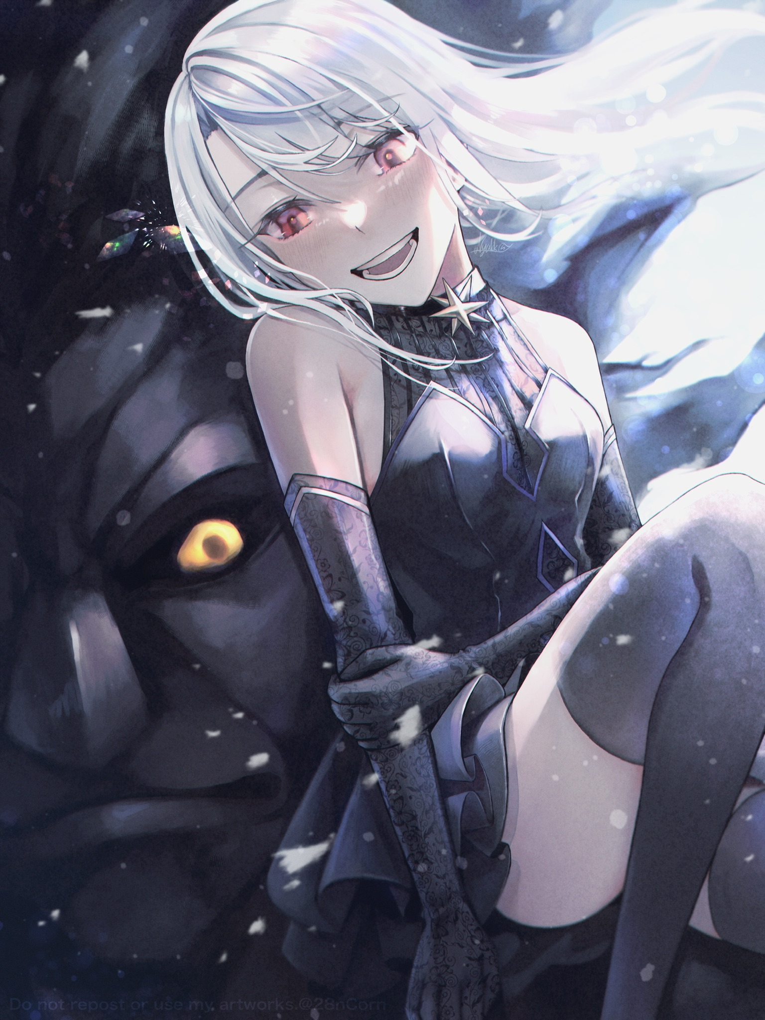 Safebooru - 1boy 1girl bangs black dress black gloves black sclera black thighhighs colored ...