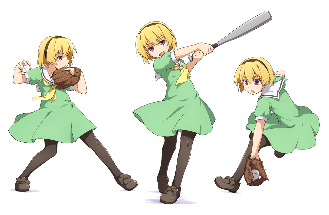 Safebooru - 1girl :d ball bangs baseball baseball bat baseball mitt black bow black footwear ...