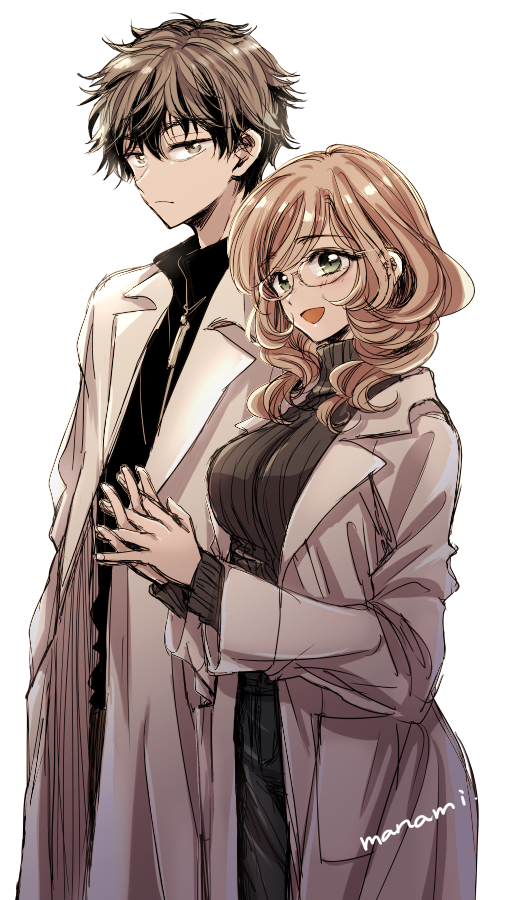 Safebooru - 1boy 1girl :d bangs black jacket black pants black sweater breasts brown coat brown ...