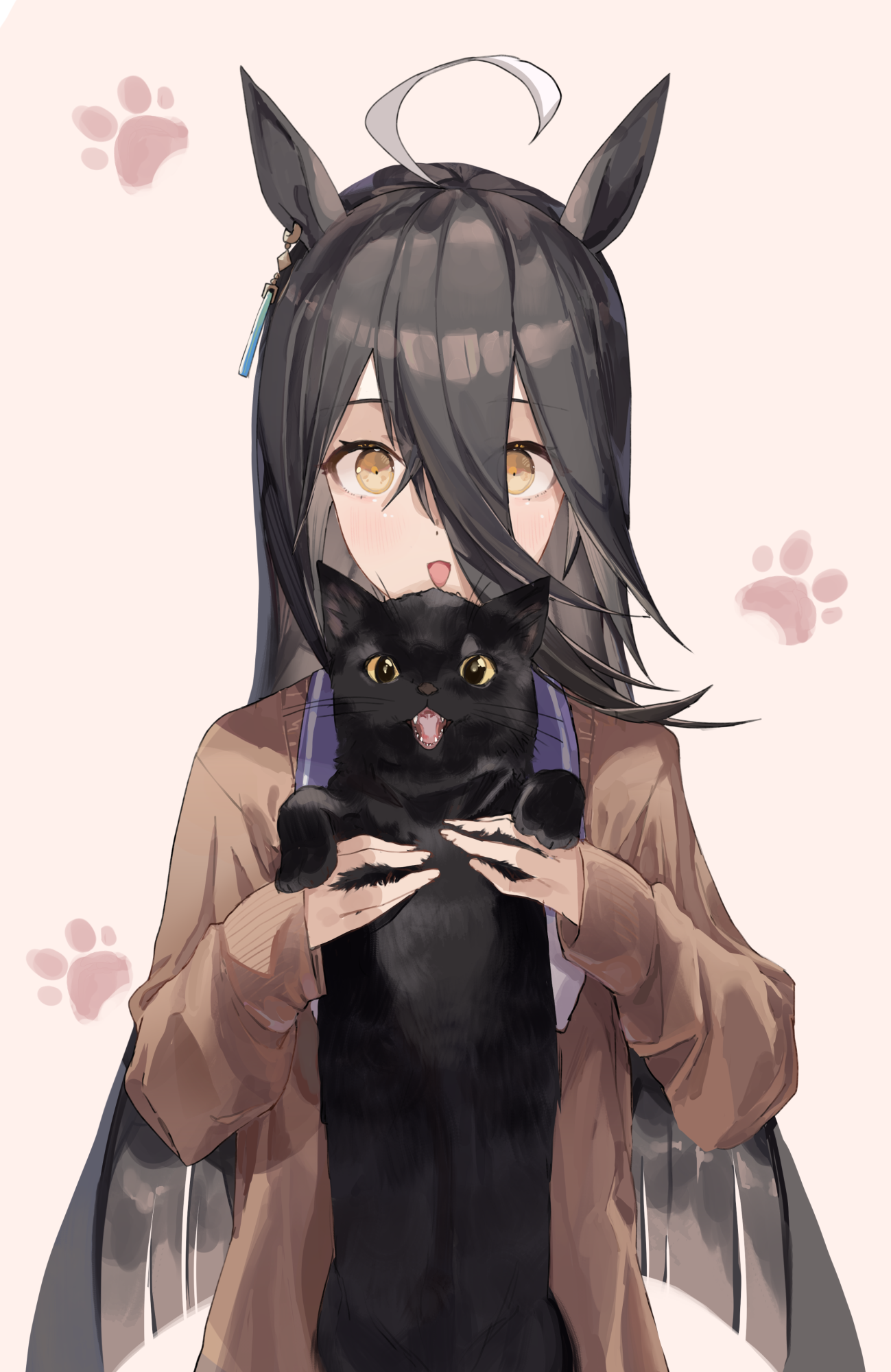 Safebooru - 1girl :d ahoge amano kokoko animal animal ears black cat black hair cardigan cat ...