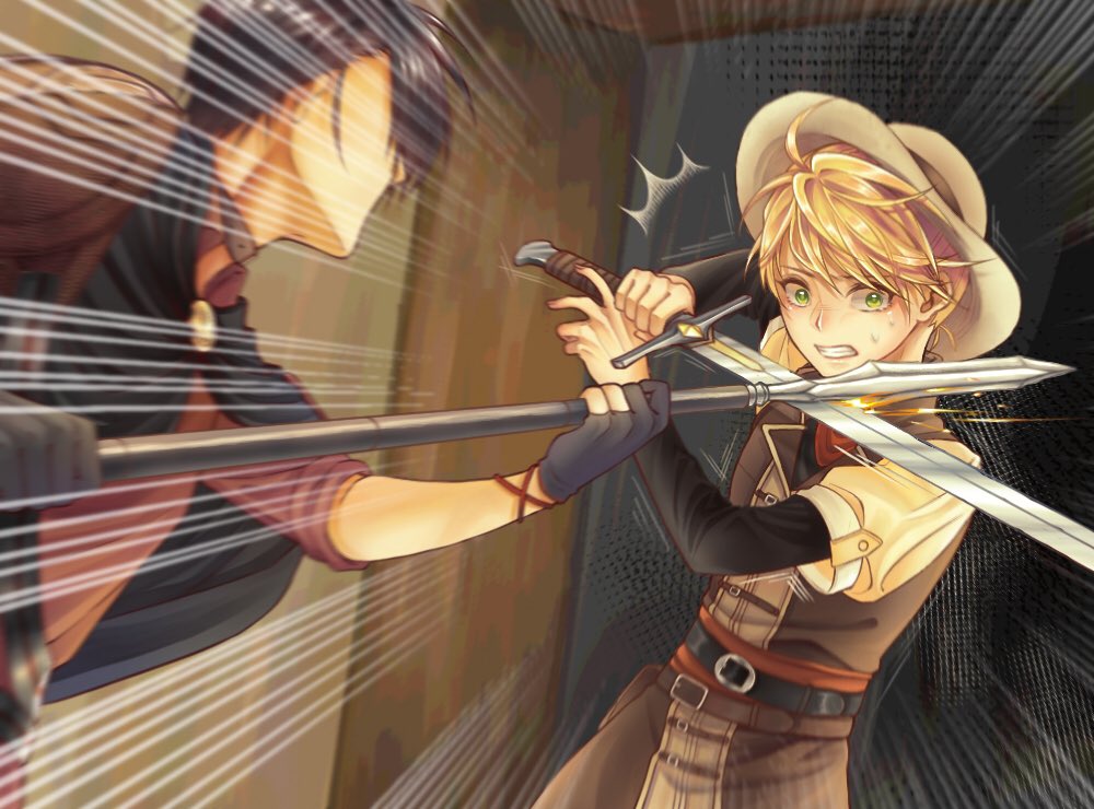 Safebooru - 1boy 1girl ayan ip bangs belt black belt black hair black shirt blonde hair blurry ...