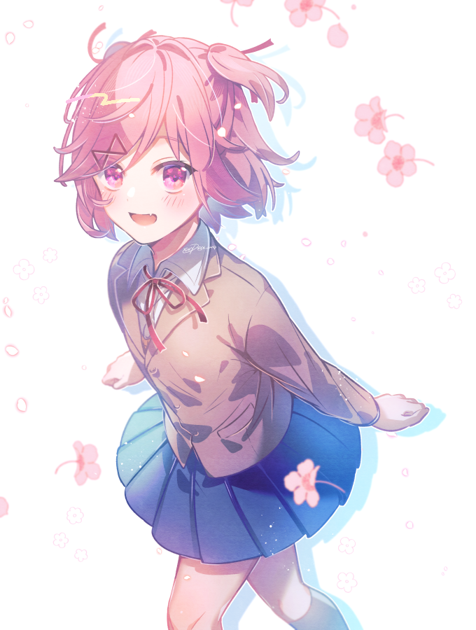 Safebooru - 1girl :d aicedrop bangs blue skirt brown jacket cherry ...