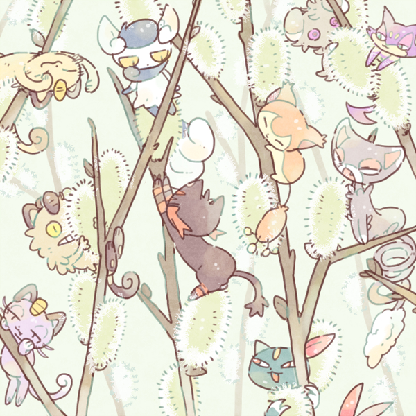 Safebooru - :3 alolan meowth aqua eyes cattail closed eyes closed mouth ...