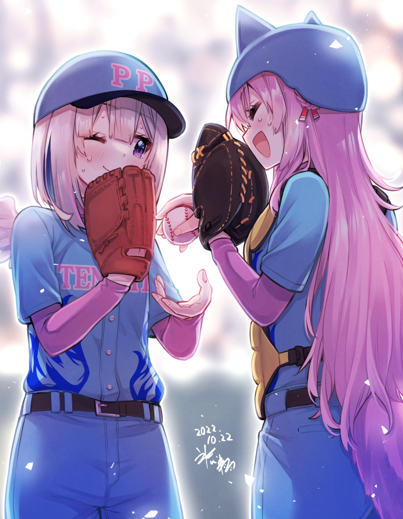 Safebooru - 2girls :d amane kanata ball baseball baseball mitt baseball uniform belt black belt ...