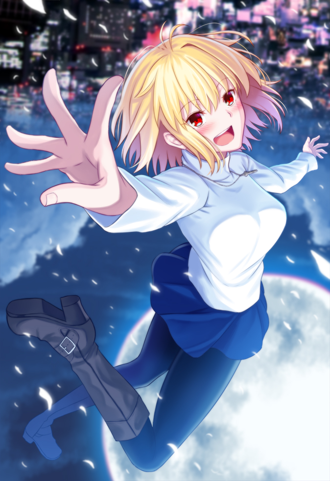 Safebooru - 1girl :d arcueid brunestud black pantyhose blonde hair blue skirt blurry blurry ...