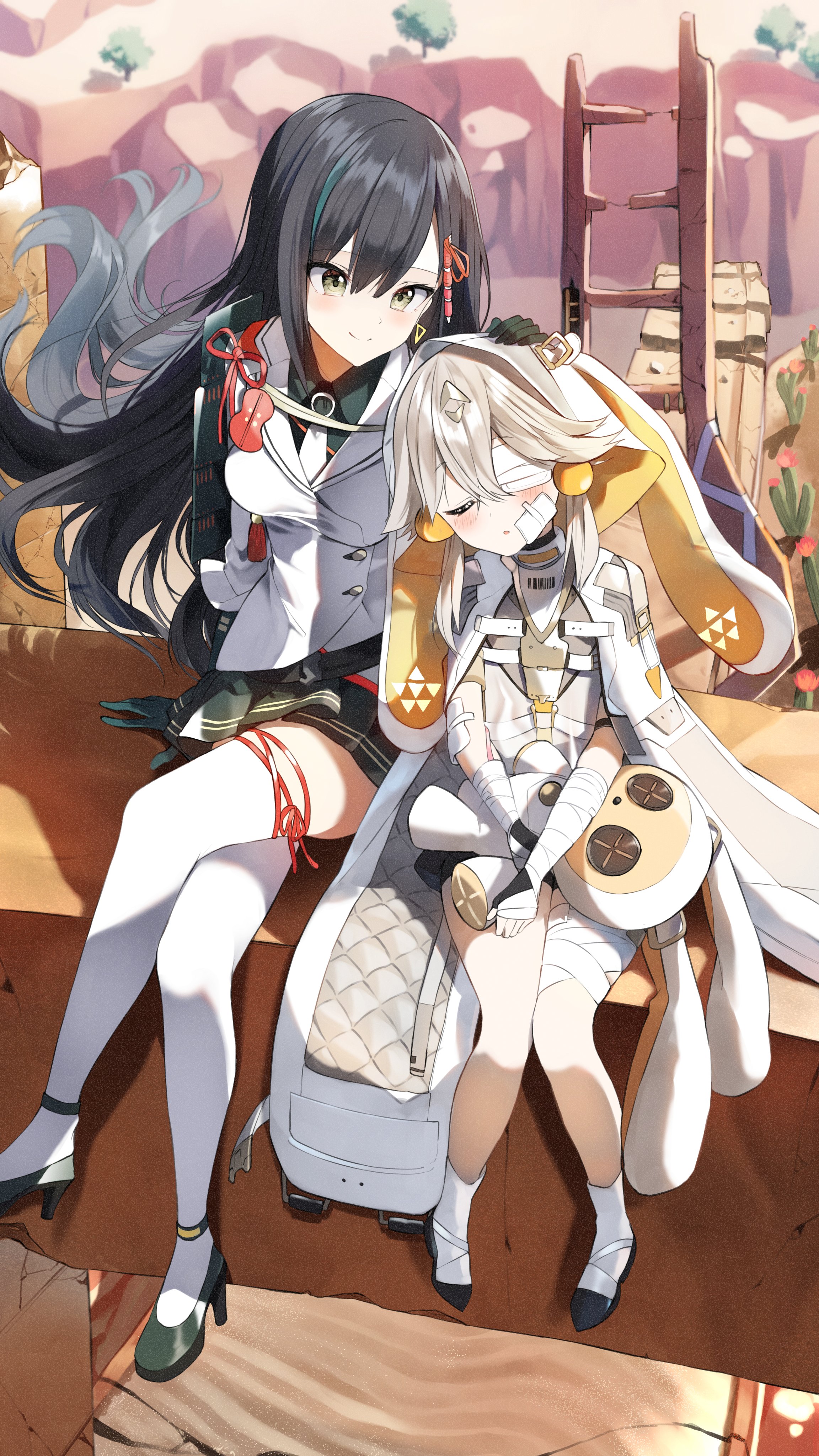 Safebooru - 2girls :o absurdres ahoge animal ears animal hood bandage over one eye bandaged arm ...