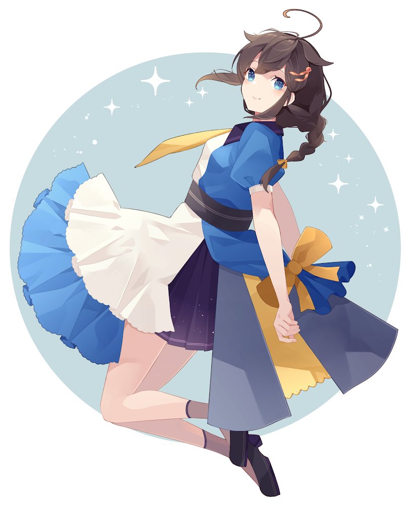 Safebooru - 1girl ahoge alternate costume black footwear blue eyes blush braid brown hair closed ...