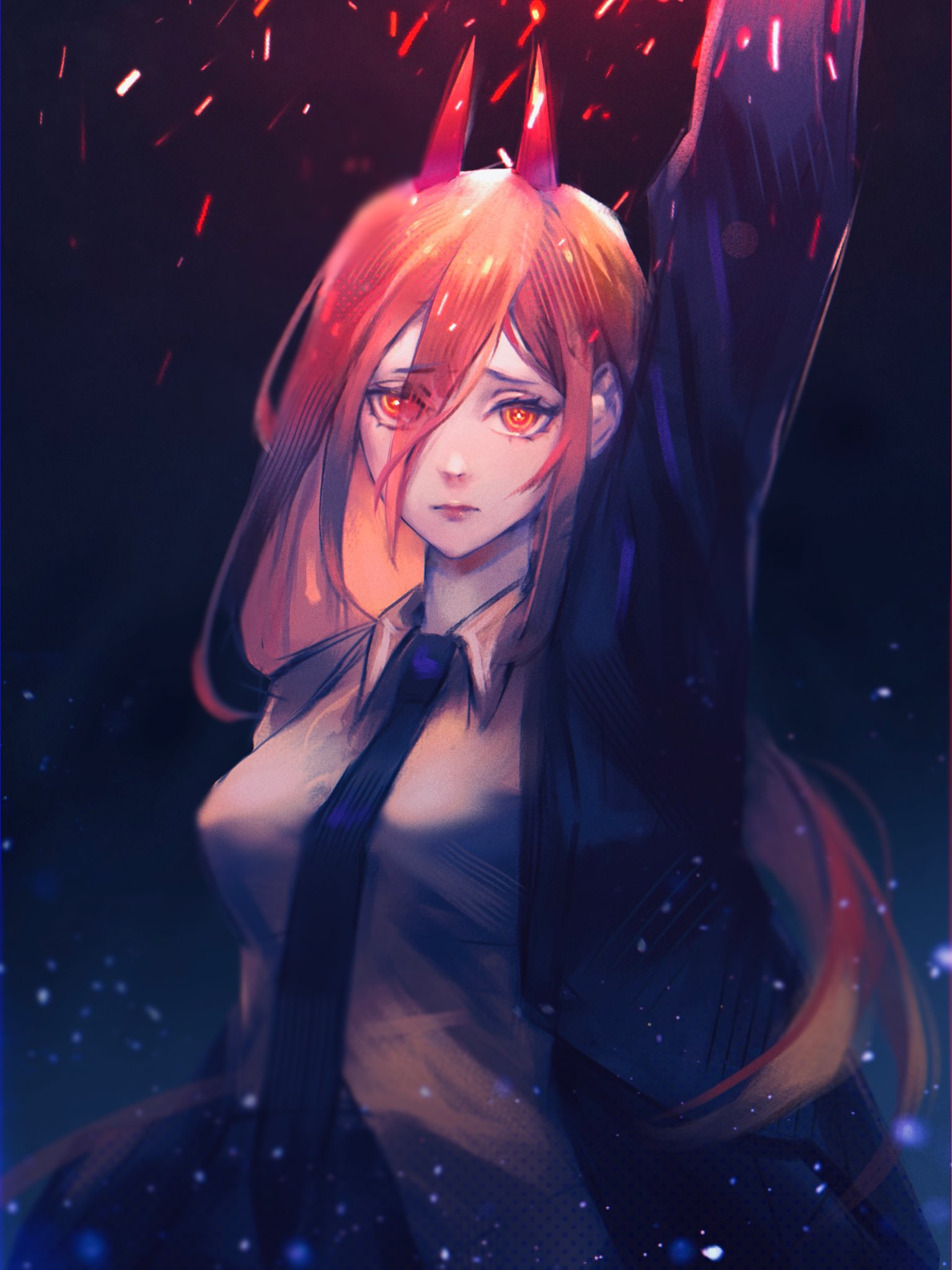 Safebooru - 1girl arcane: league of legends arm up bangs black background black necktie breasts ...