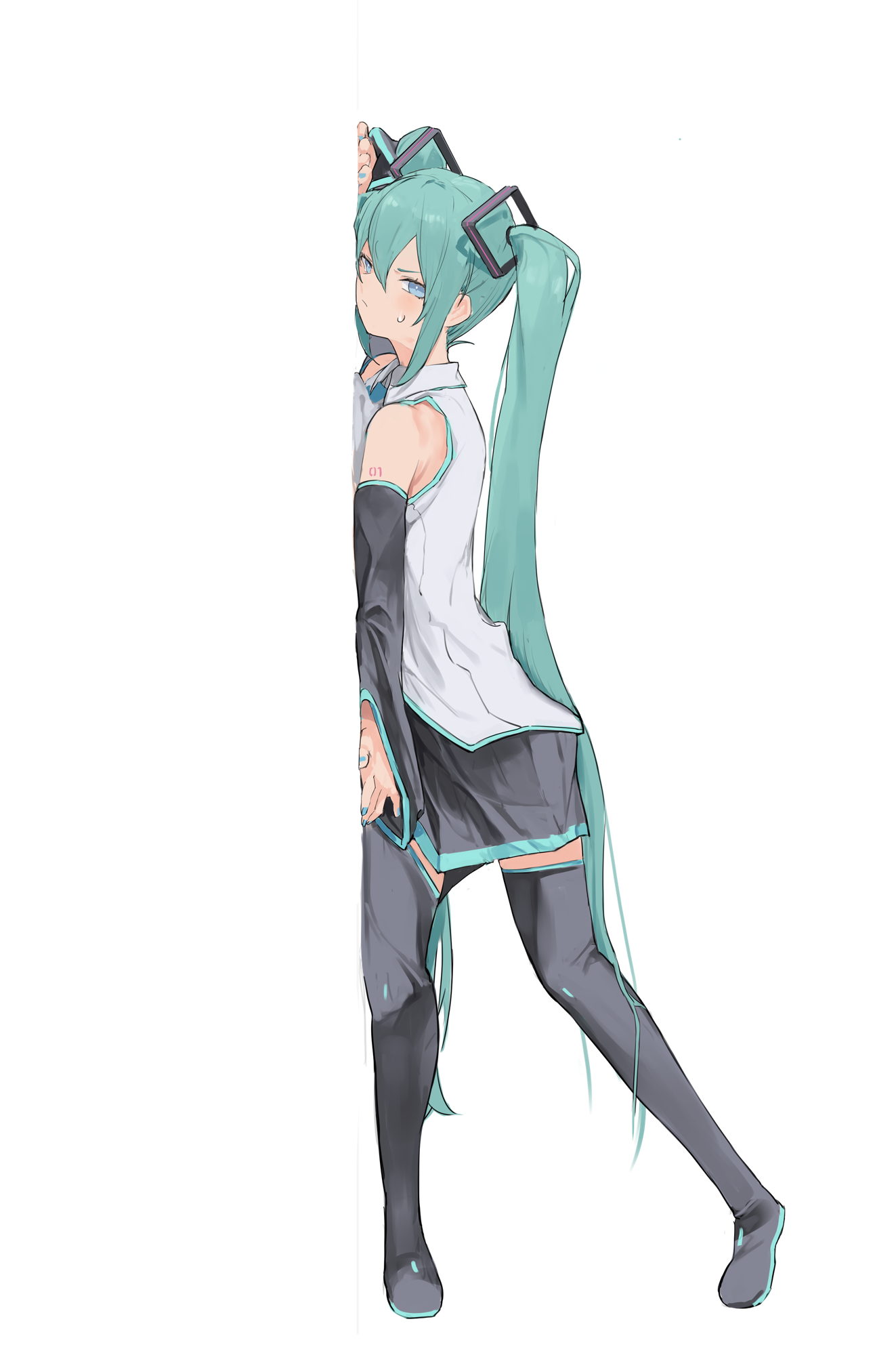 Safebooru - 1girl aqua eyes aqua hair aqua nails bare shoulders black footwear black skirt boots ...