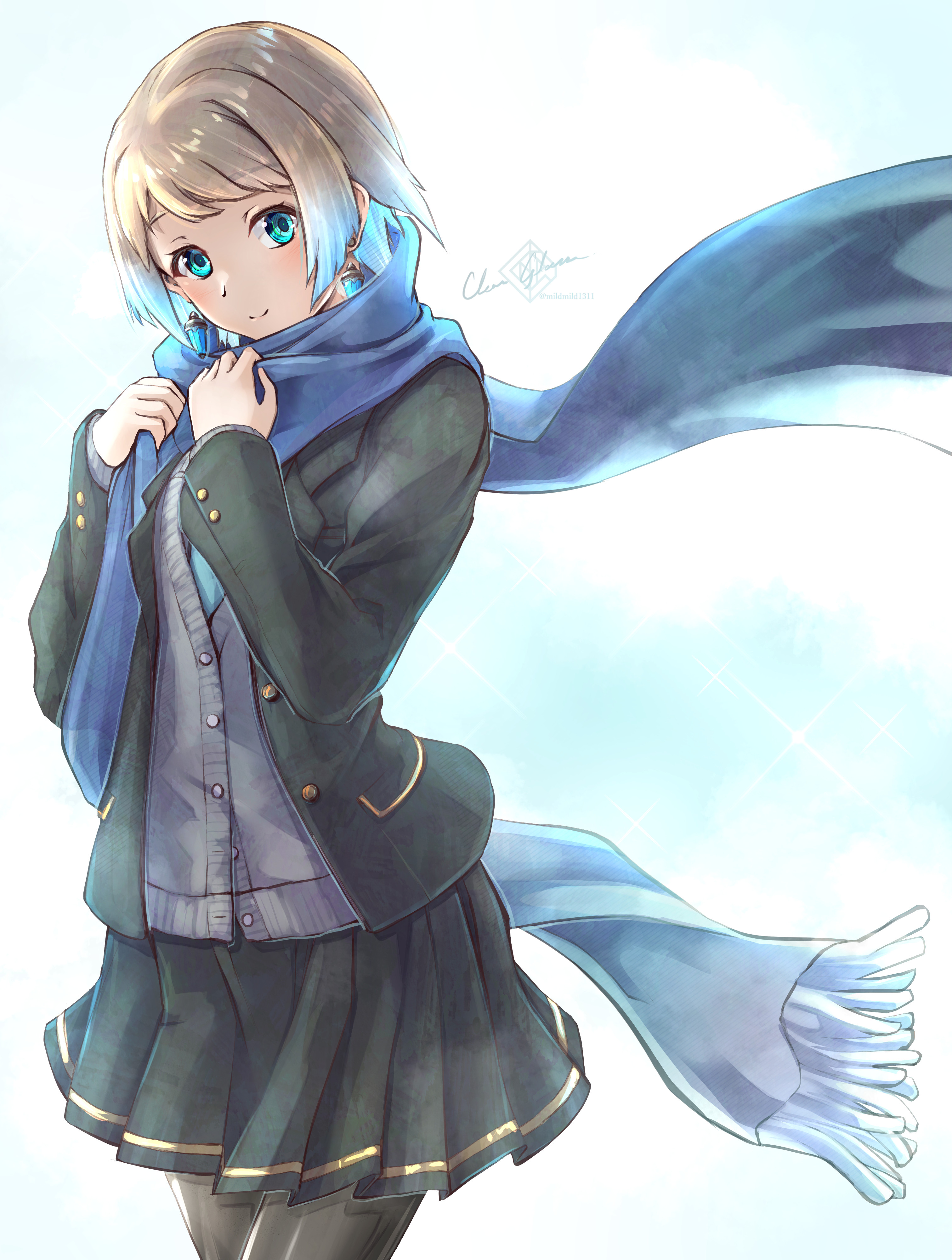 Safebooru - 1girl absurdres bangs black leggings black skirt blonde hair blue eyes blue scarf ...