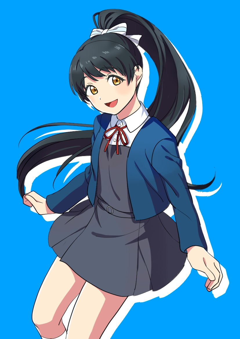 Safebooru - 1girl :d black hair blue background blue jacket bow collared shirt dress floating ...