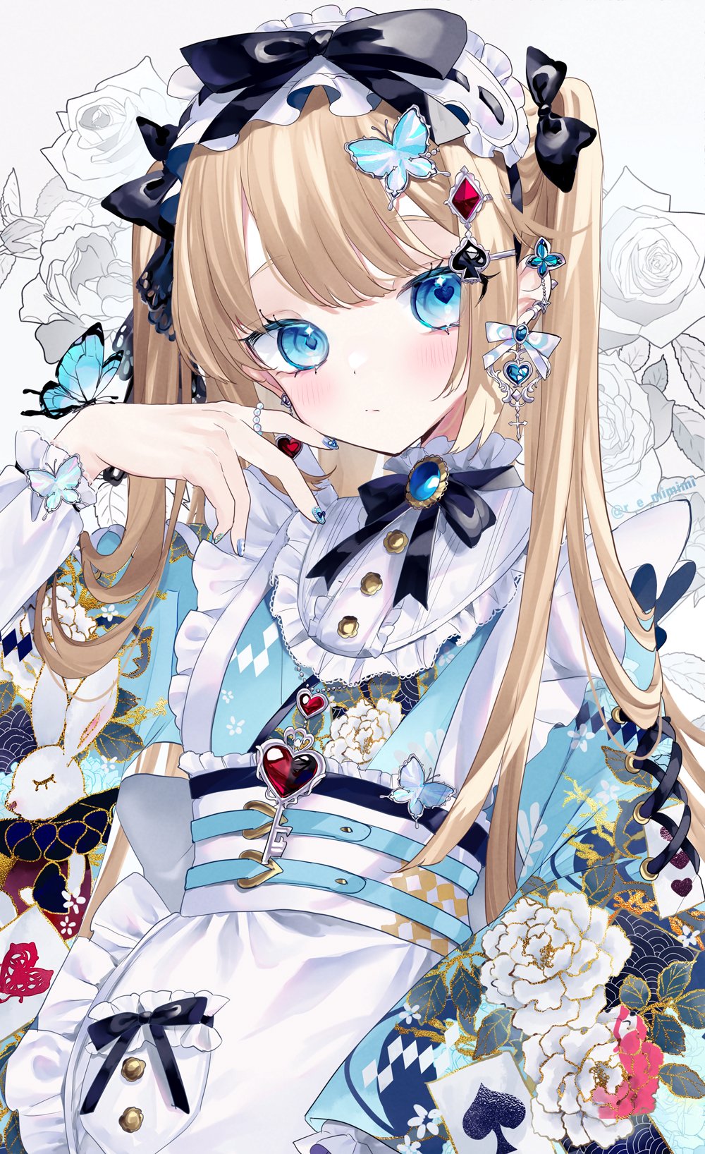 Safebooru - 1girl apron bangs black bow blonde hair blue butterfly blue eyes blue kimono blue ...