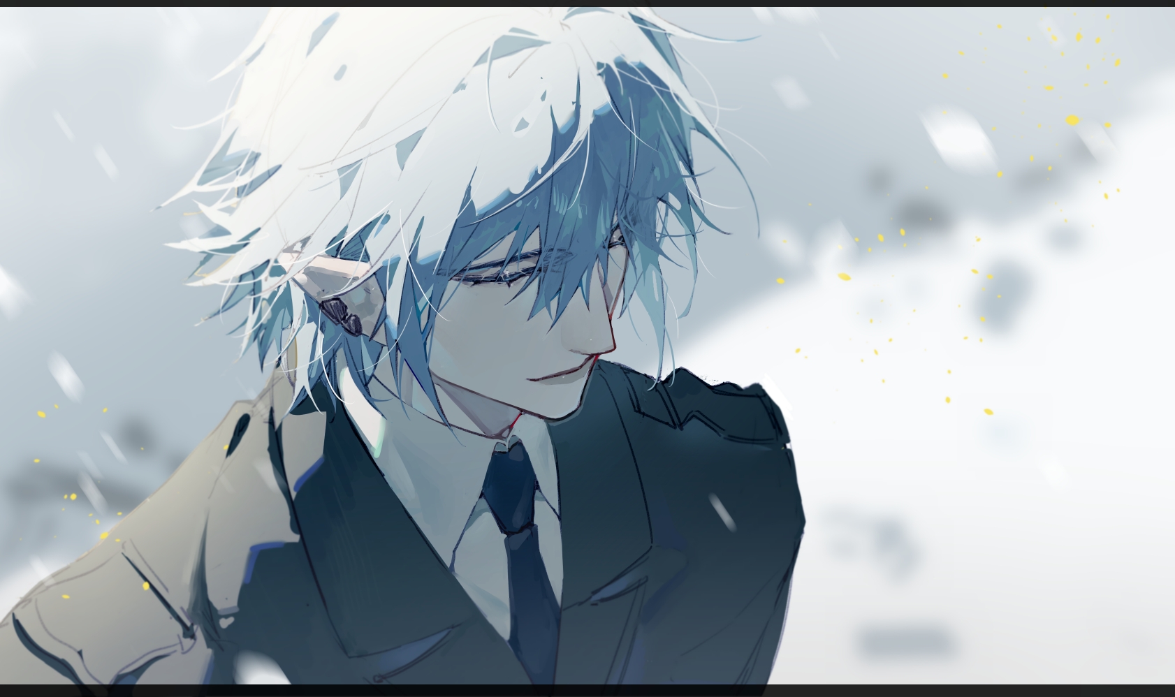 Safebooru - 1boy alternate costume bangs black necktie black suit blue hair closed eyes earclip ...