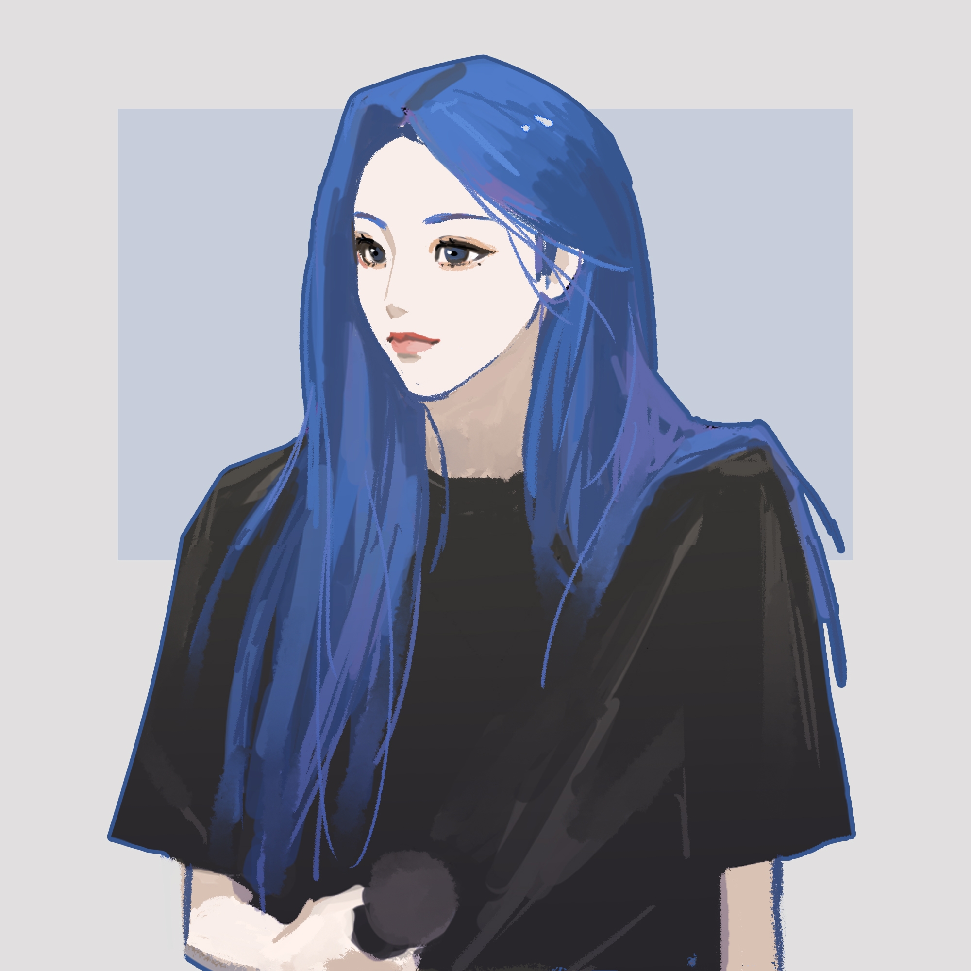 Safebooru - black shirt blue background blue eyes blue hair border ...