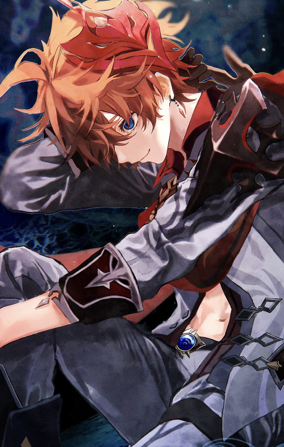 Safebooru - 1boy arms up bangs belt black belt blue background blue eyes blue gemstone brown ...