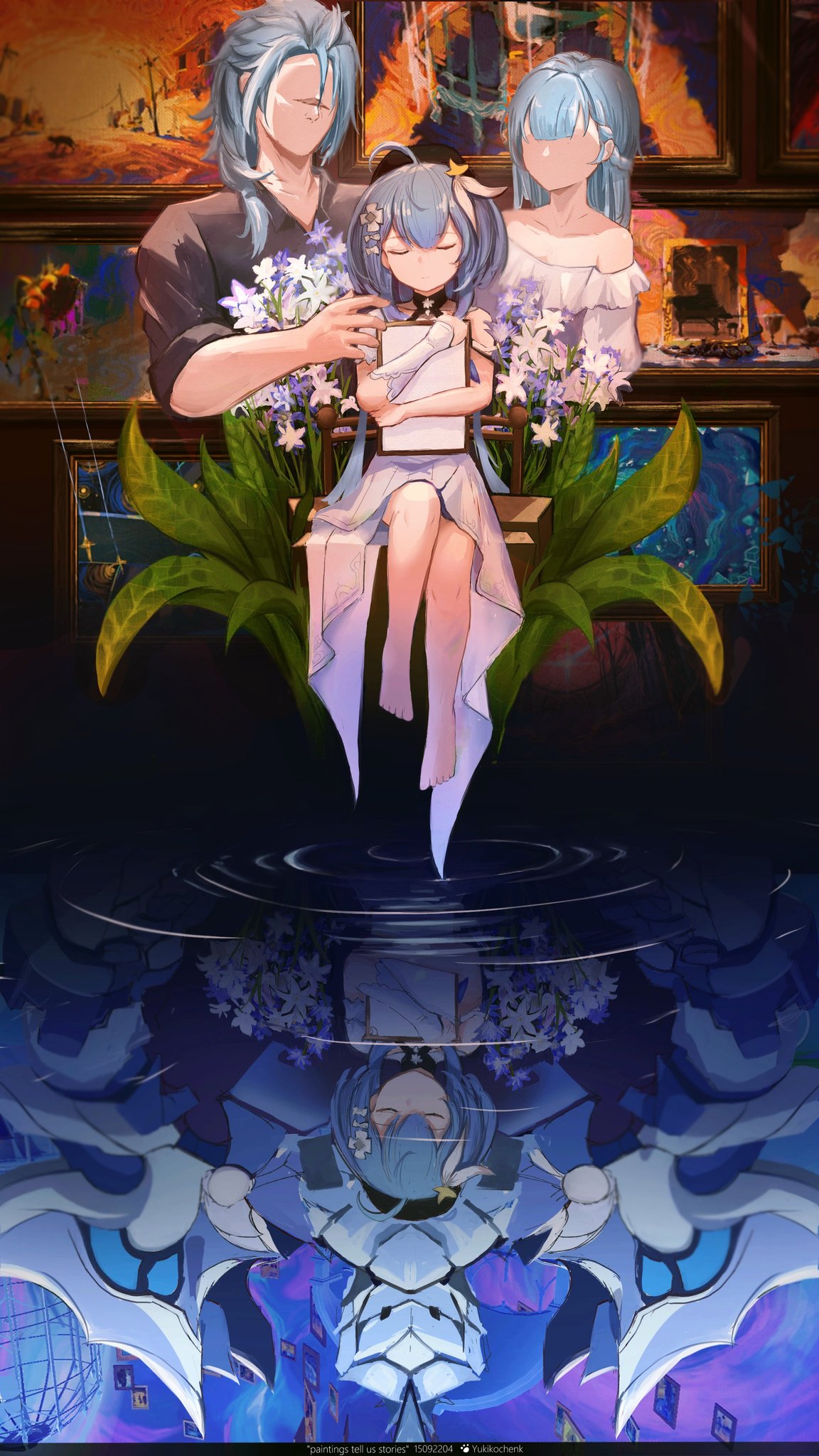 Safebooru - 1boy 2girls armor bangs bare shoulders beret black shirt blue hair closed mouth ...