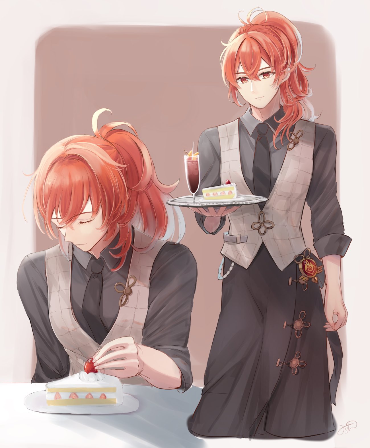 Safebooru - 1boy alternate costume black necktie black shirt cake ...