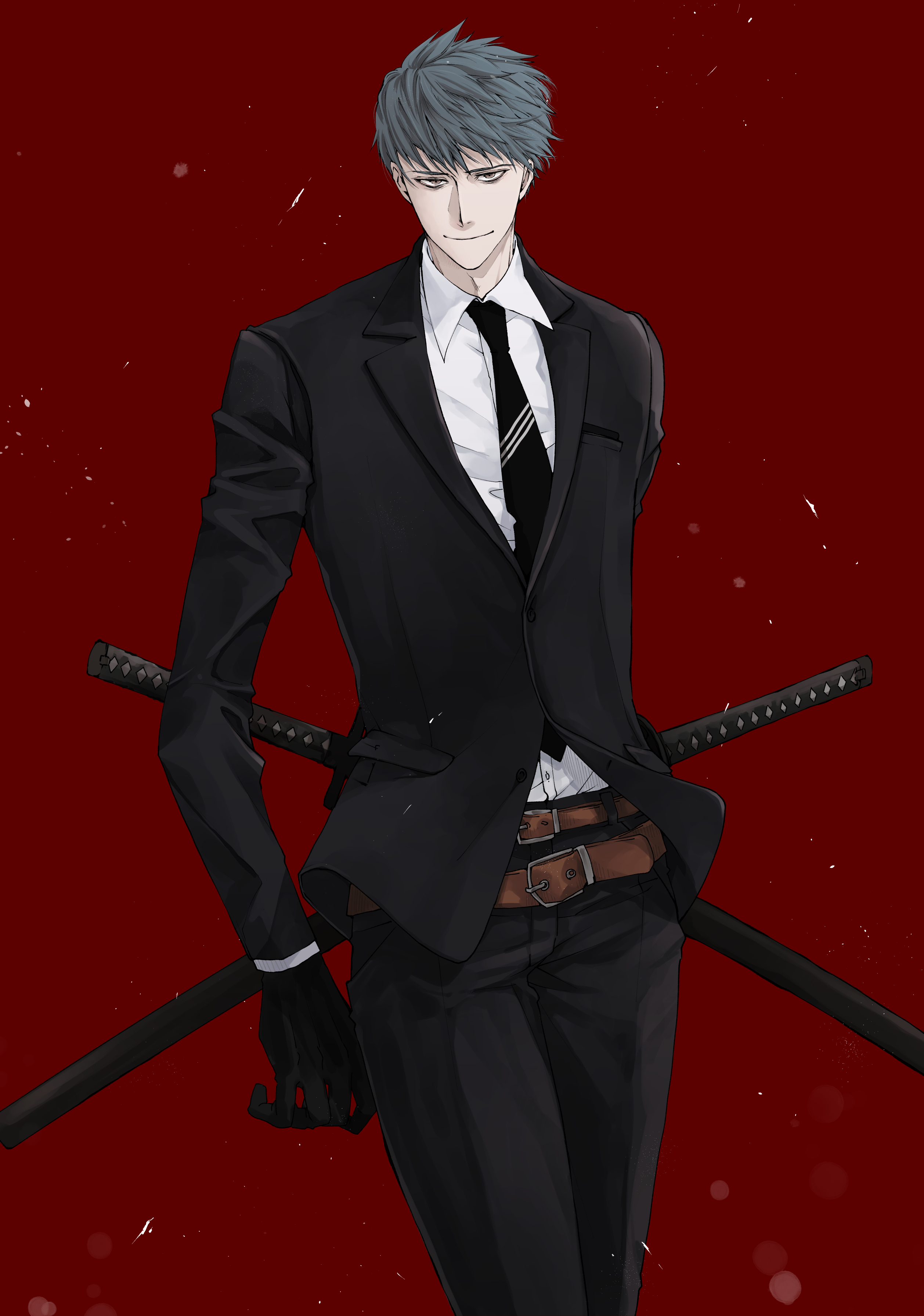 Safebooru - 1boy absurdres bangs belt black gloves black jacket black necktie black pants black ...