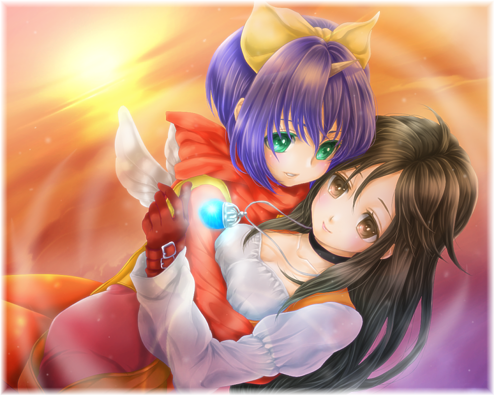 Safebooru - 2girls ayanneo black hair blue hair bow brown eyes choker collarbone eiko carol ...