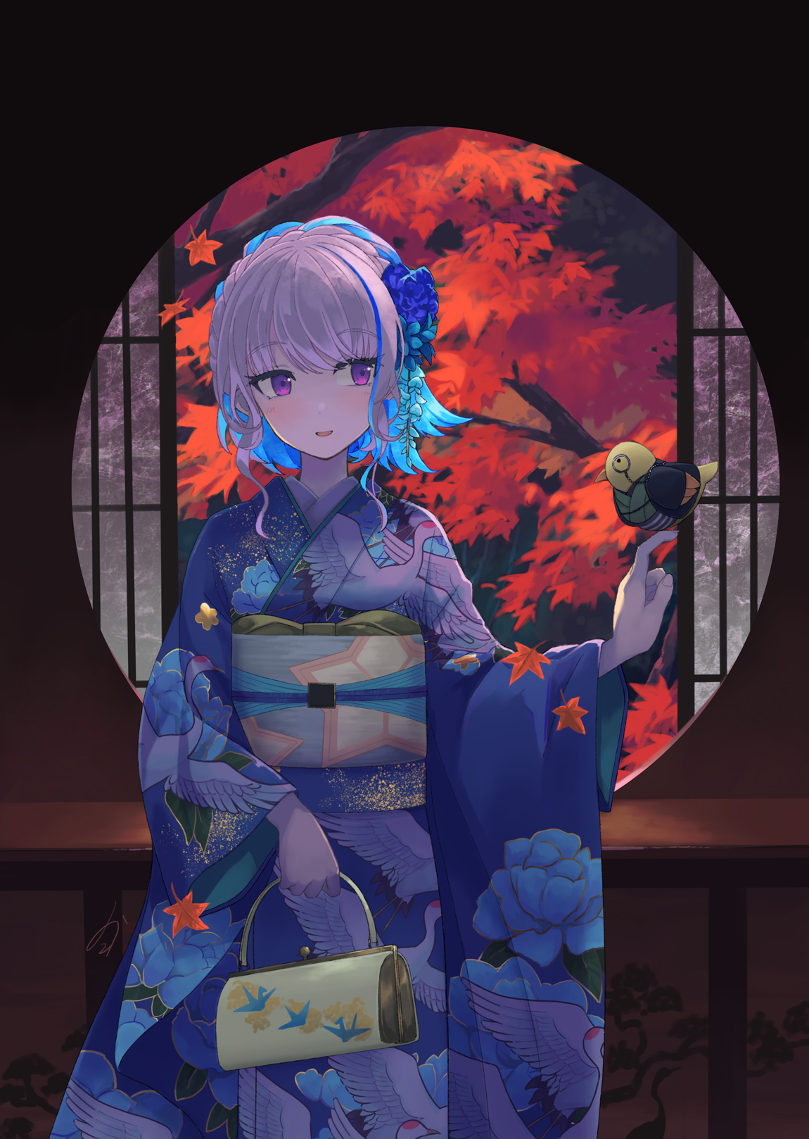 Safebooru - 1girl autumn leaves bag bangs bird blue hair blush flower furisode hair flower hair ...