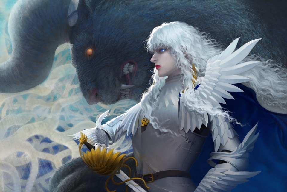 Safebooru - 2boys androgynous armor berserk blue eyes broken horn cape ...