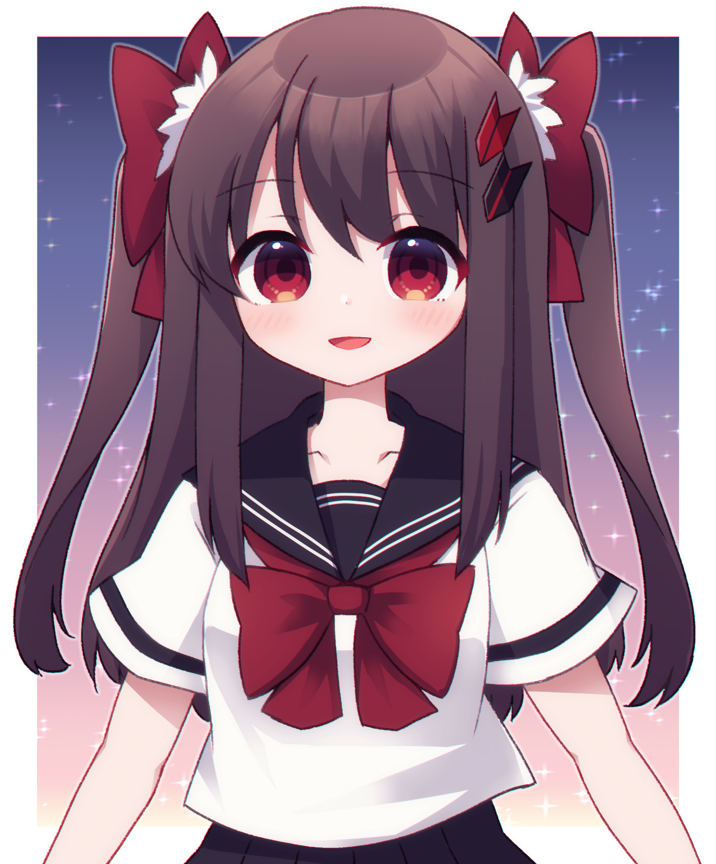 Safebooru - 1girl :d bangs black sailor collar black skirt bow brown hair collarbone commentary ...