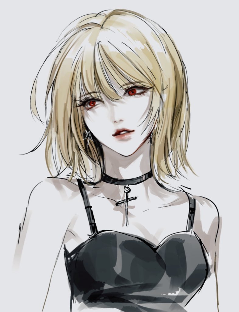 Safebooru - 1girl amane misa bangs bare shoulders blonde hair choker cross death note earrings ...