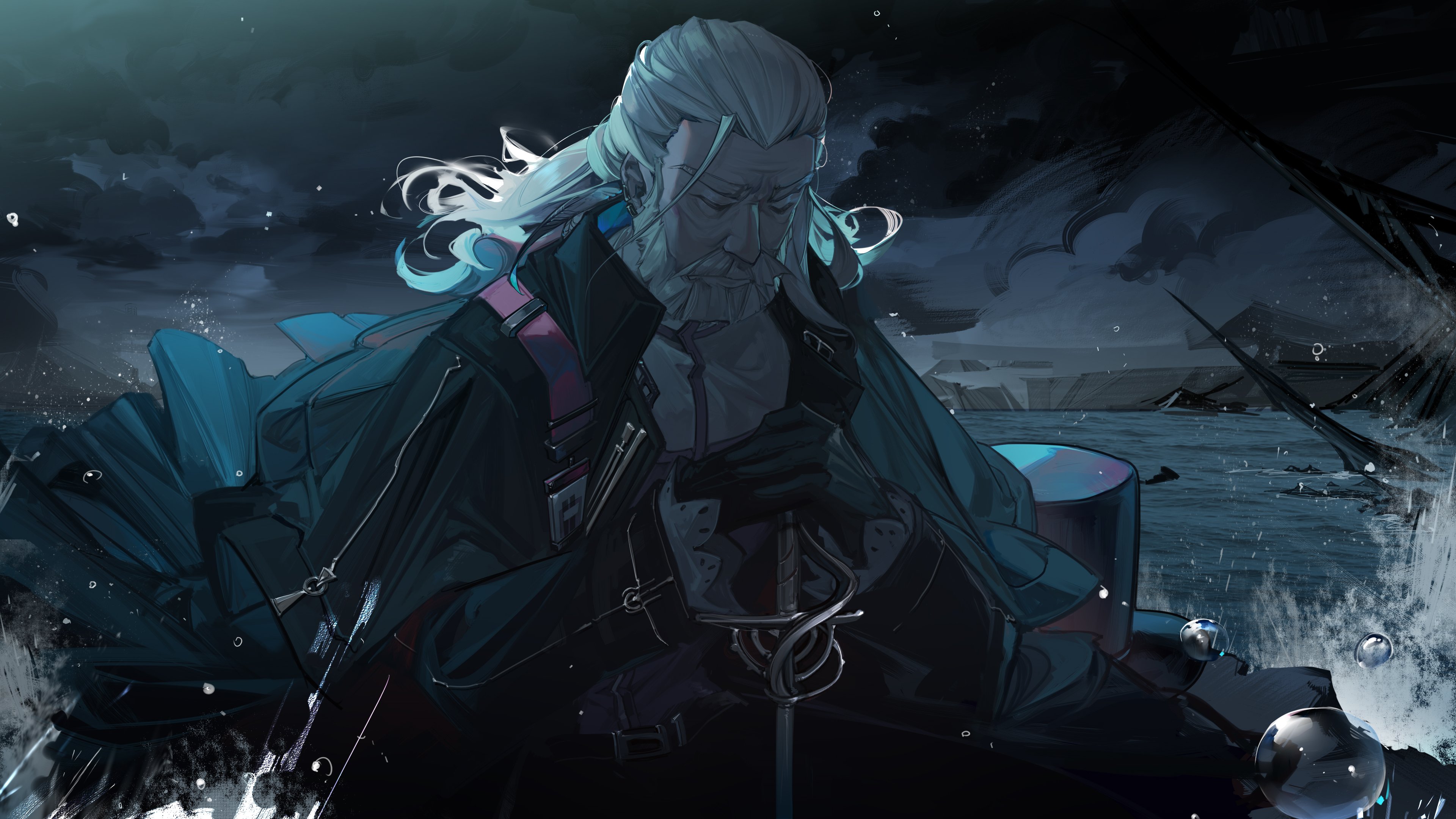 Safebooru - 1boy absurdres arknights beard belt belt buckle black belt black cape black gloves ...